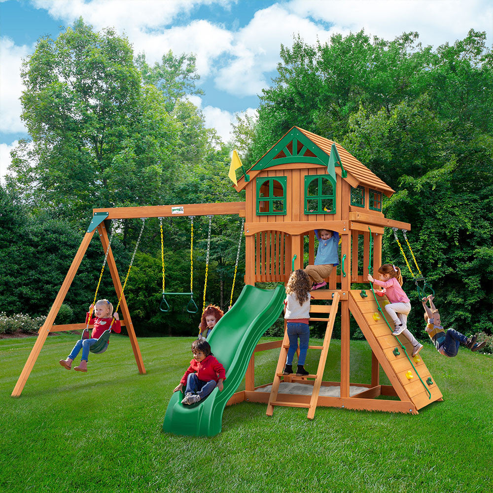 Outing II w/ Trapeze Arm Wooden Swing Set | Kid's Wooden Playsets ...